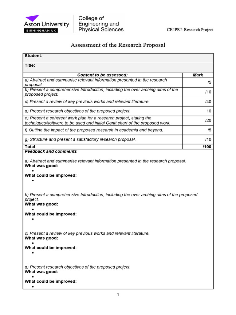 CE4PRJ Marking Rubric - Research Proposal - 2023-24 | PDF | Grammar | Abstract (Summary)