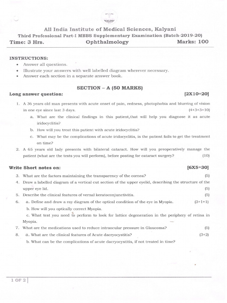 3rd Mbbs Prof - Supply Optha Part 1 B 2019 | PDF