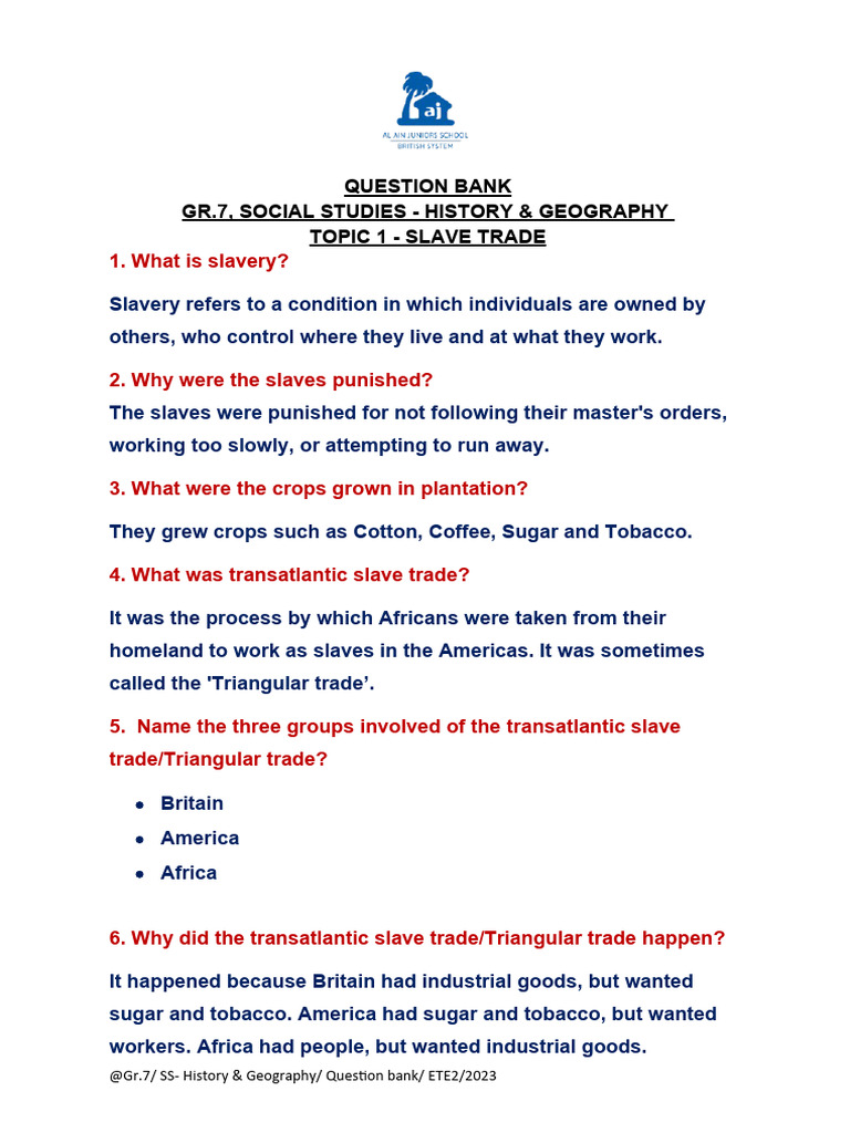 Gr. 7 Social Studies - Question Bank, Slave Trade | PDF | Atlantic ...