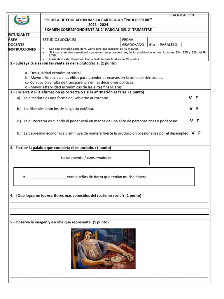 Examen Del 2do Trimestre 2023-2024 EESS 6to A y B | PDF | Ecuador