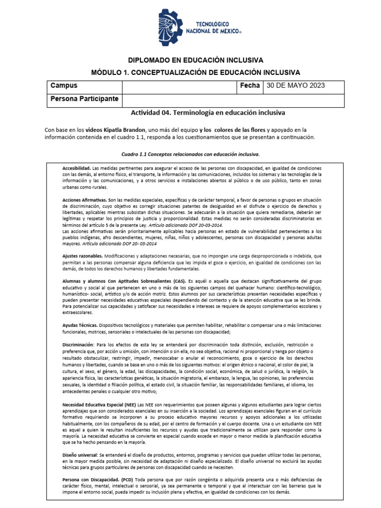 Diplomado en Educacion Inclusiva - M1 - ACT04 | PDF | Invalidez | Discriminación