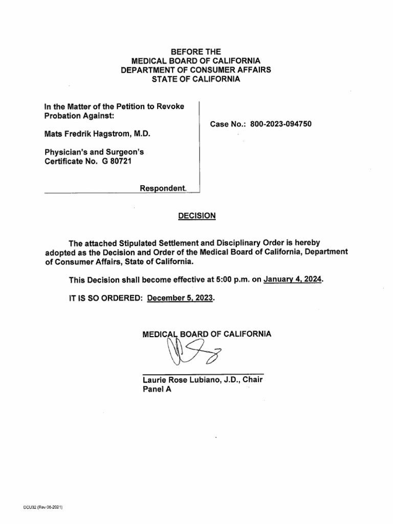 Mats Hagstrom - CA Medical Board Disciplinary Order - 2024-01-04 | PDF ...