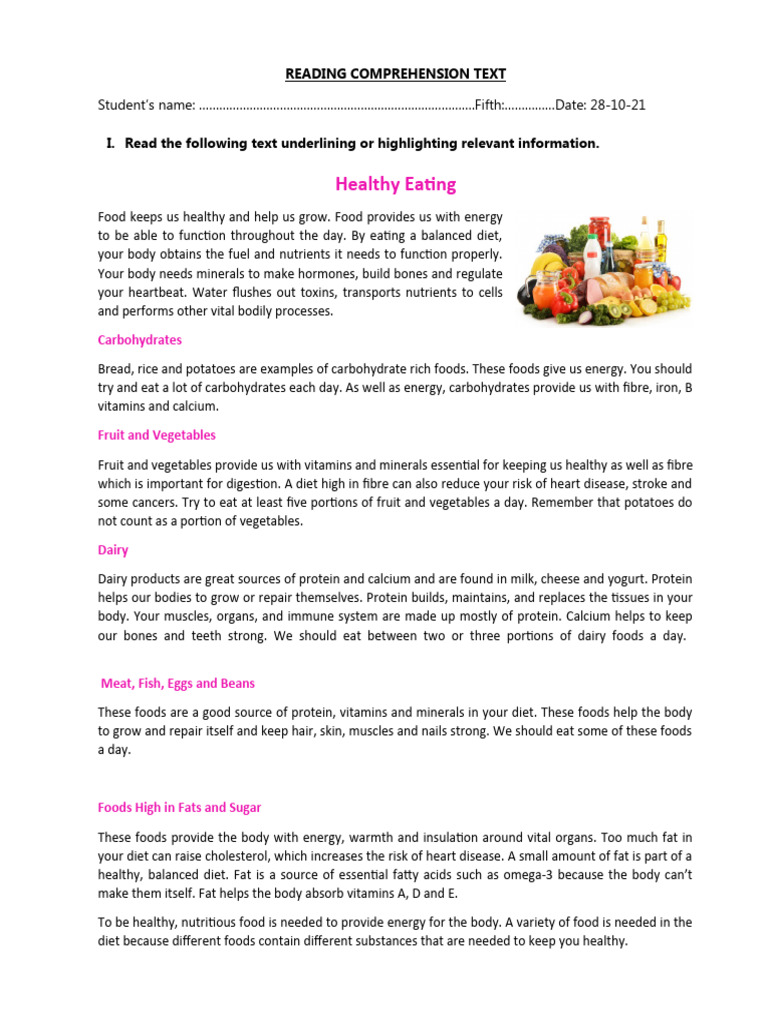 Reading Comprehensio Text-Healthy Eating | PDF | Fat | Healthy Diet