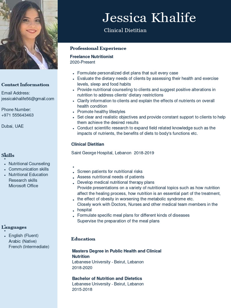 Jessica Khalife Resume | PDF | Dietitian | Medicine