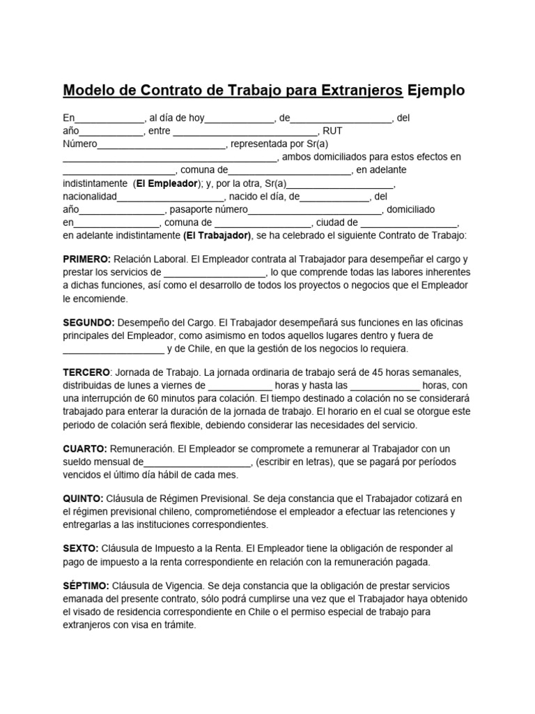 Modelo De Contrato De Trabajo Para Extranjeros Ejemplo PDF Tiempo