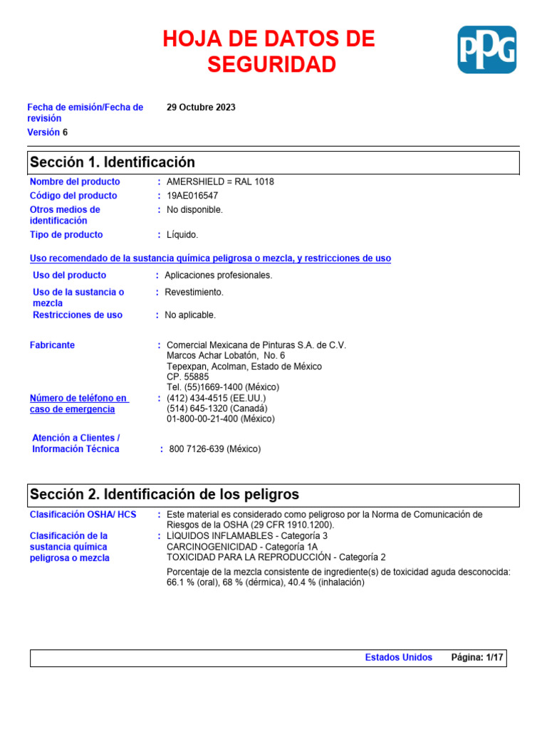 Hoja SDS - PINTURA BASE AMERSHIELD RAL 1018 | PDF | Solubilidad | Agua