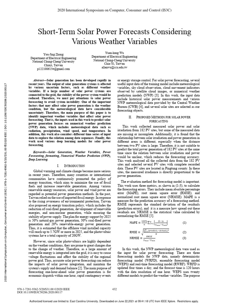 Short-Term Solar Power Forecasts Considering Various Weather Variables ...
