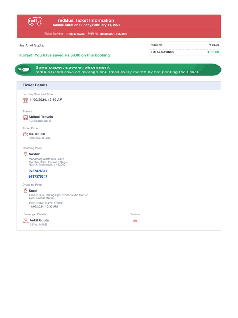 Nashik to Surat Bus Ticket Details | PDF