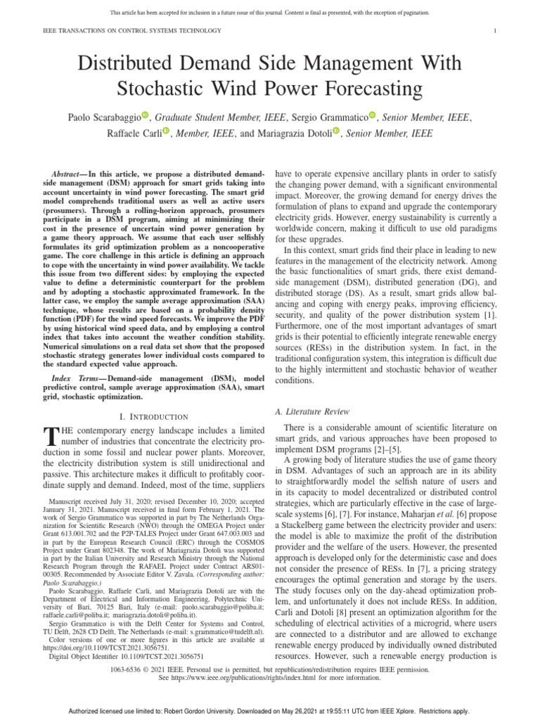 Distributed Demand Side Management With Stochastic Wind Power Forecasting | PDF | Wind Power ...