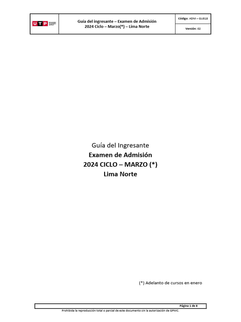 ADM - GU818 Guía Del Ingresante - Examen de Admisión 2024 Ciclo - Marzo - Lima Norte (Adelanto ...