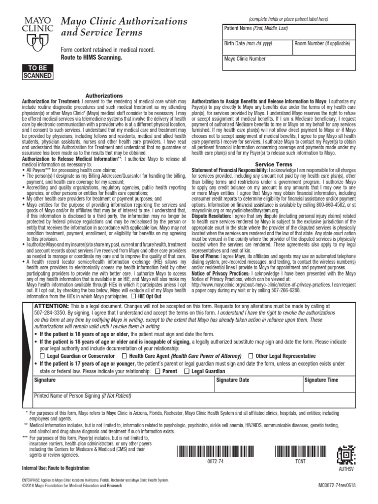 Mayo Clinic Authorizations and Service Terms | PDF | Health Care ...