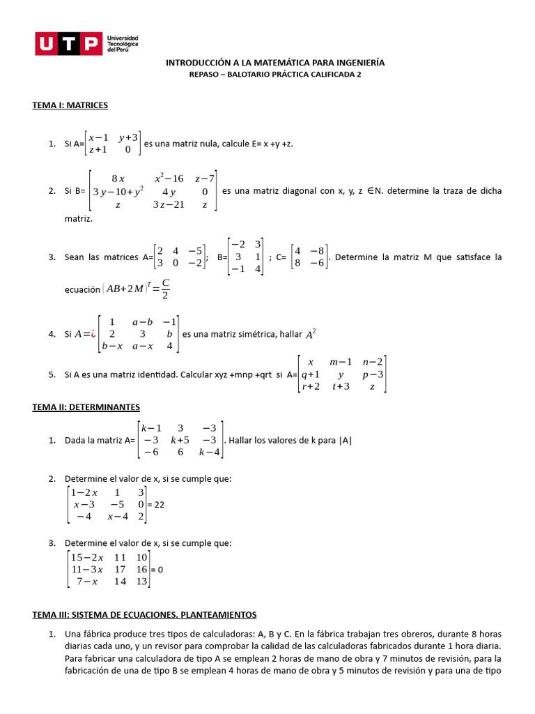 Imi-Balotario PC2 (Utp) | PDF | Matriz (Matemáticas) | Número complejo