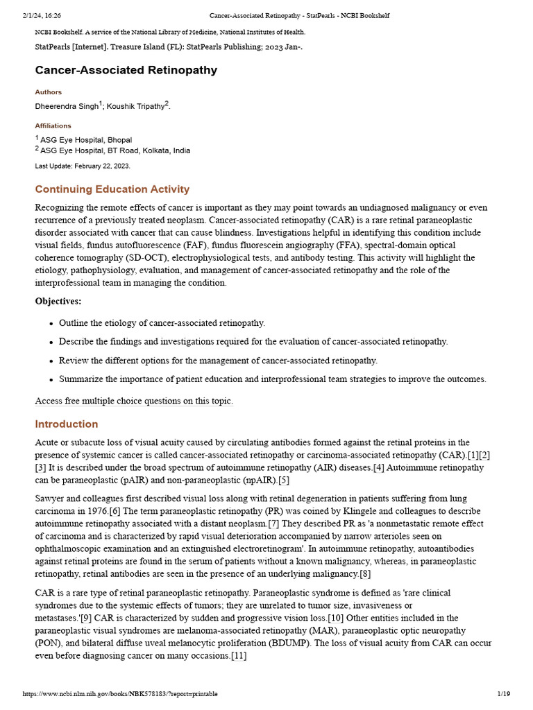 Cancer-Associated Retinopathy - StatPearls - NCBI Bookshelf | PDF ...