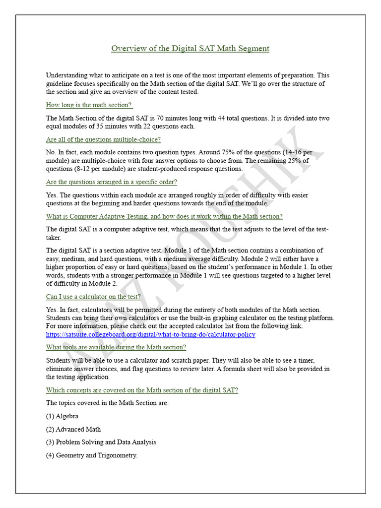 Digital SAT Math Section Guide | PDF | Equations | Sat