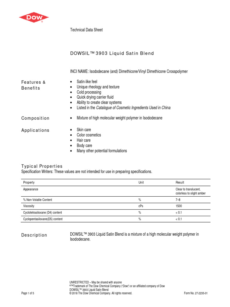 27 2235 01 Dowsil 3903 Liquid Satin Blend | PDF | Cosmetics | Chemistry