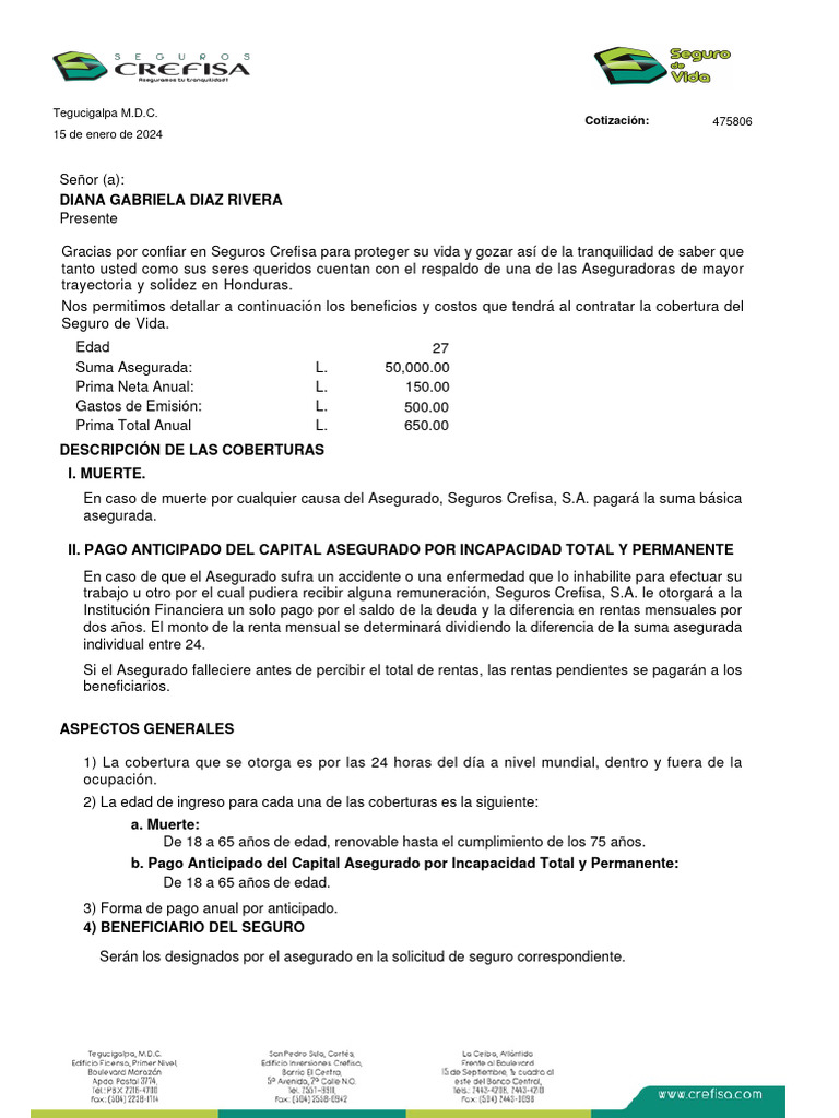 Cotización - CREFISA | Descargar gratis PDF | Seguro | Póliza de seguros