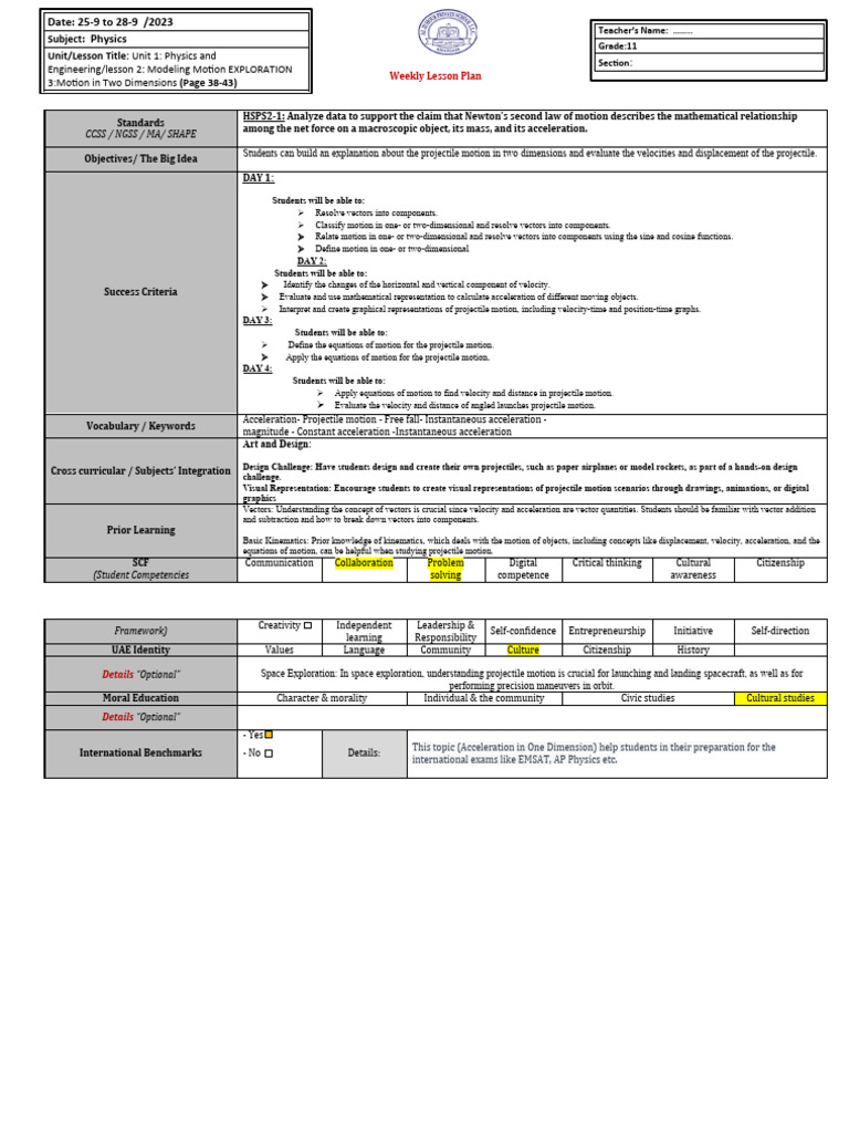 Grade 11 Lesson Plan Week 5 | PDF | Euclidean Vector | Acceleration