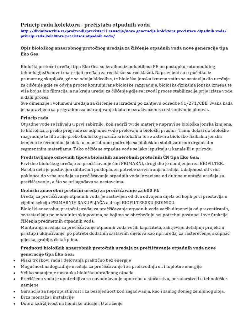 Princip Rada Kolektora - Prečistača Otpadnih Voda | PDF
