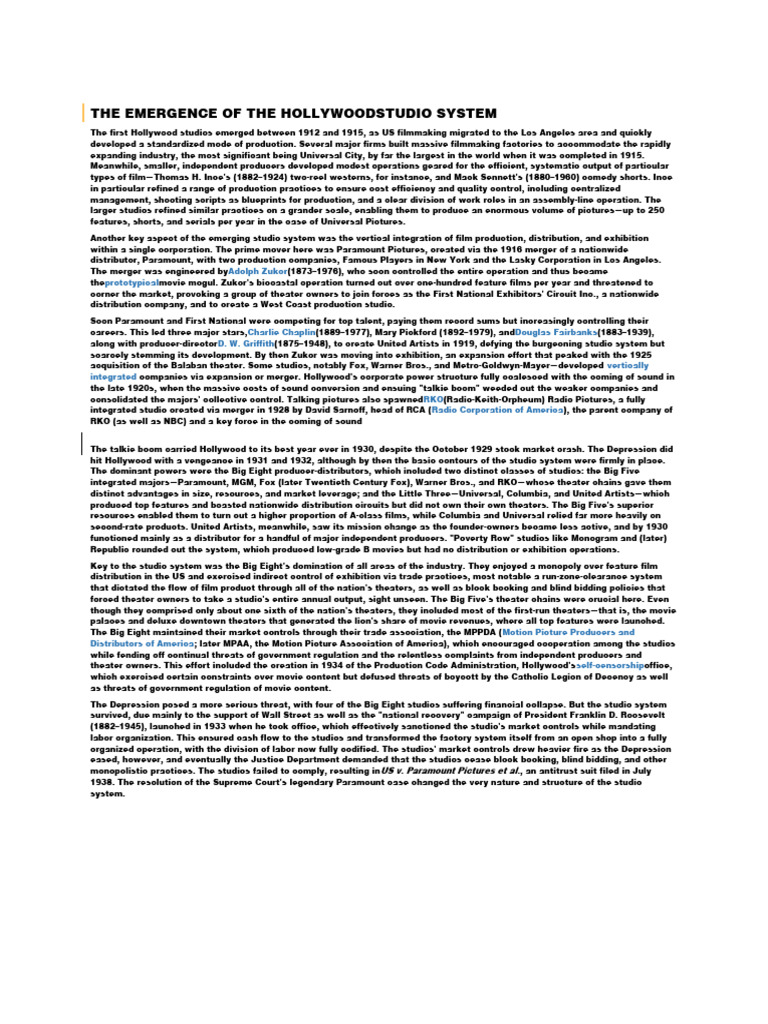 The Rise of the Hollywood Studio System | PDF | Politics