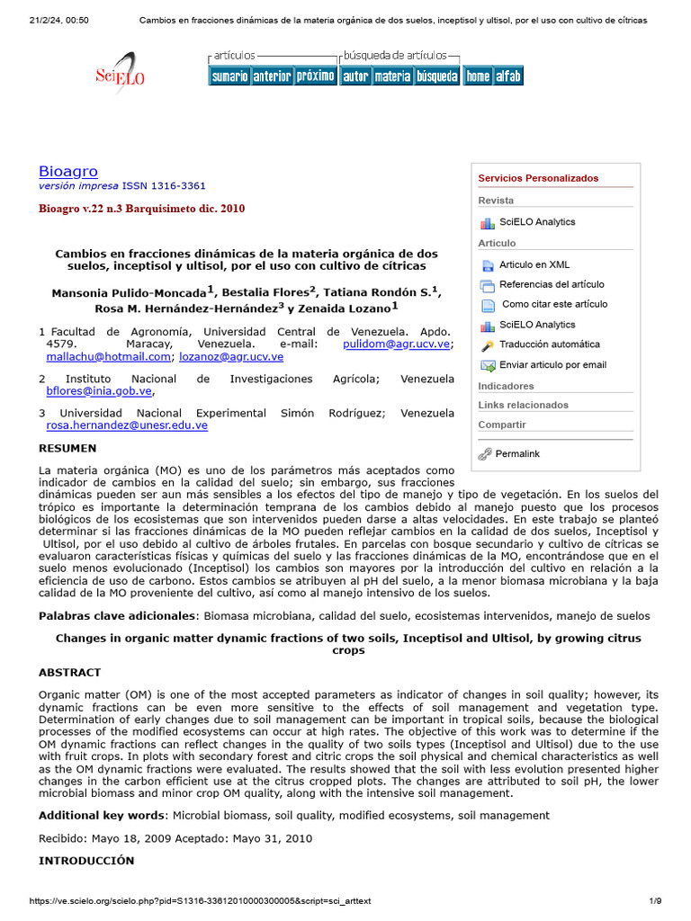Cambios en Fracciones Dinámicas de La Materia Orgánica de Dos Suelos ...