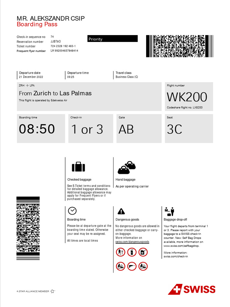 WK200 1 or 3 AB 3C: Boarding Pass | PDF | Baggage | Airlines