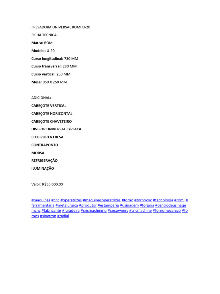 Fresadora Universal Romi u 20 | PDF