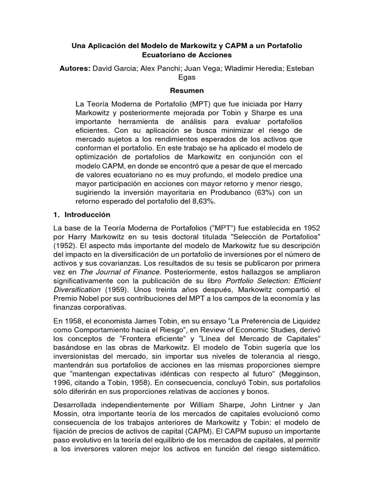 Trabajo Riesgo de Mercado - Modelo Markowitz y CAPM Aplicado Al Ecuador ...
