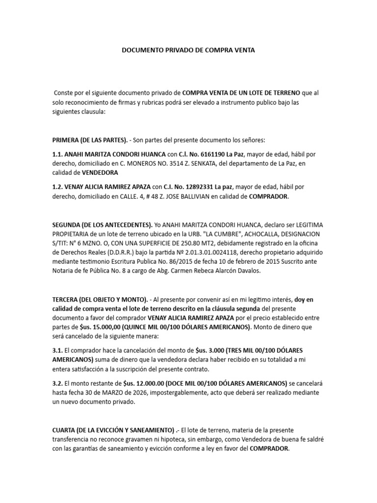 Documento Privado de Compra Venta | PDF | Derecho privado | Justicia
