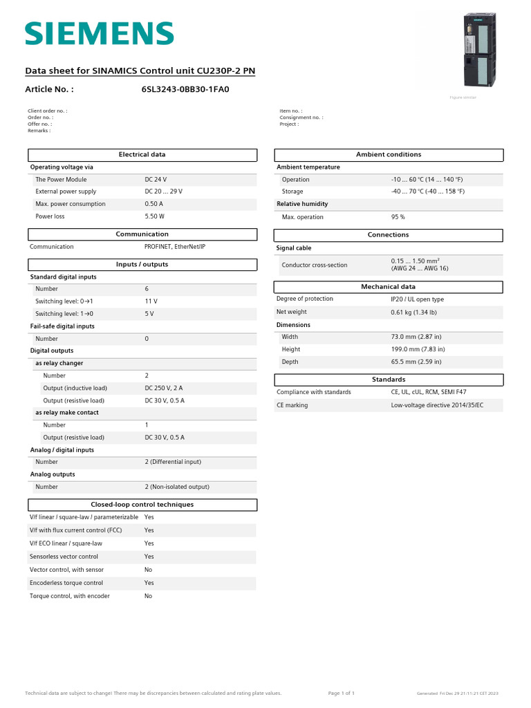 SINAMICS CU230P-2 PN Data Sheet | PDF | Relay | Electrical Engineering