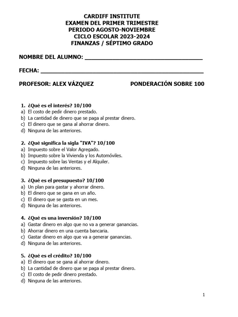 Examen Finanzas 7º Grado 2023-2024 | PDF | Interés | Dinero
