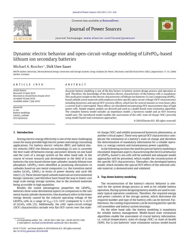 2011 Dynamic Electric Behavior and Open-Circuit-Voltage Modeling of LiFePO4-based Lithium Ion ...