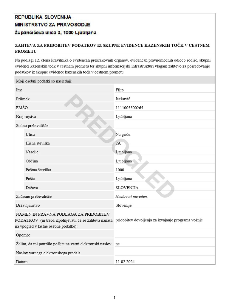 Zahteva Za Pridobitev Podatkov Iz Evidence Kazenskih Tock V Cestnem ...