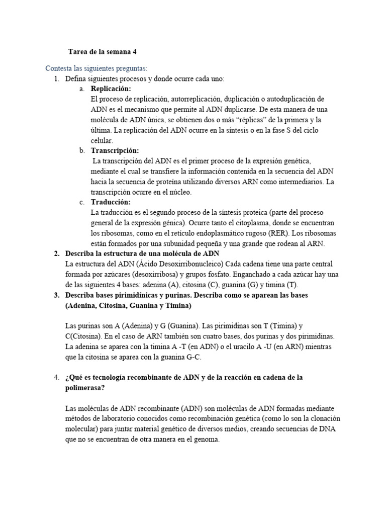 Tarea para La Cuarta Semana | PDF | Adn | Gene