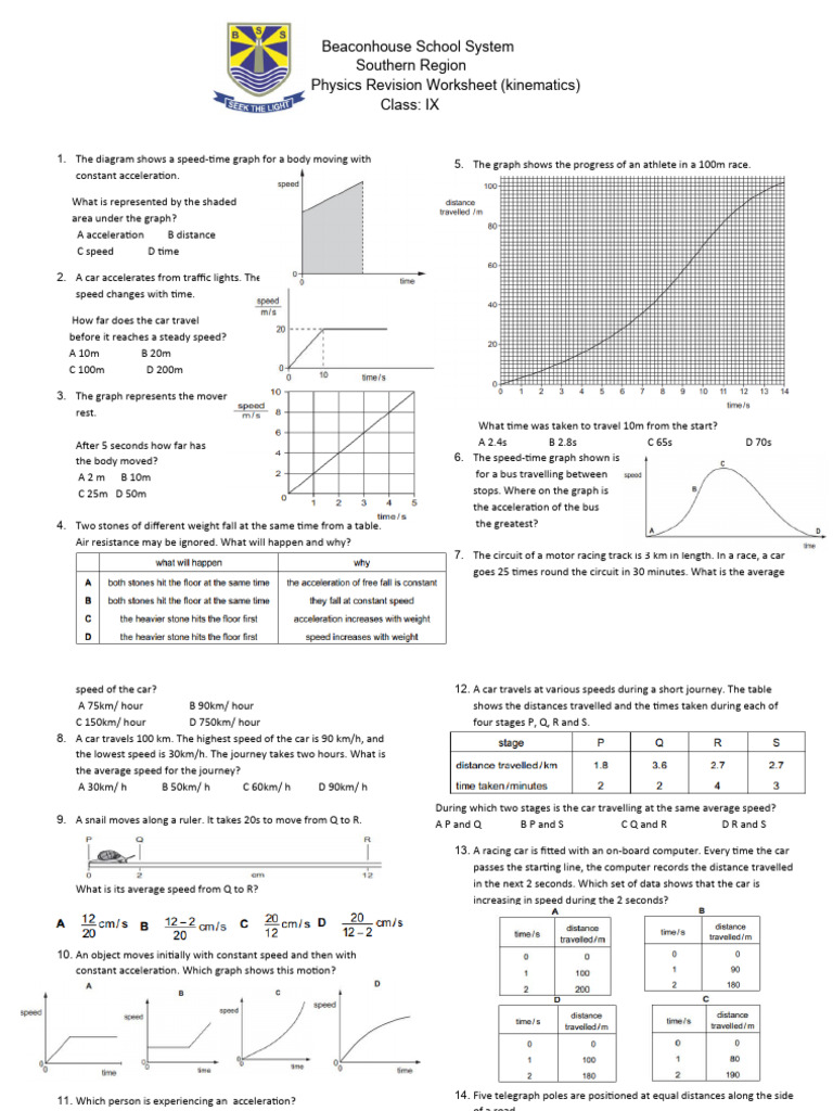 Class IX Physics Kinematics Worksheet | PDF | Speed | Acceleration