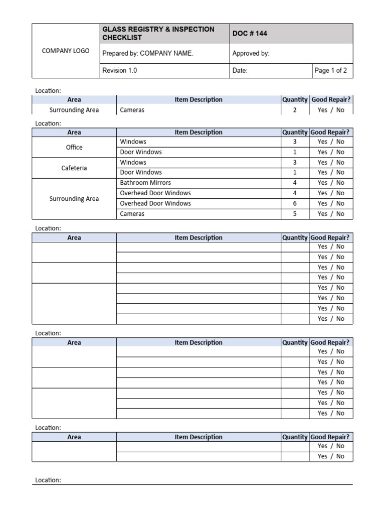 Glass Registry & Inspection Checklist FORMAT | PDF