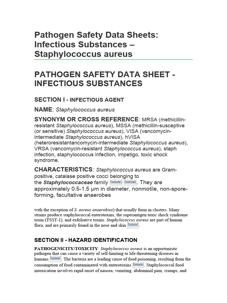 Pathogen Safety Data Sheet1 Staph | PDF | Staphylococcus Aureus ...