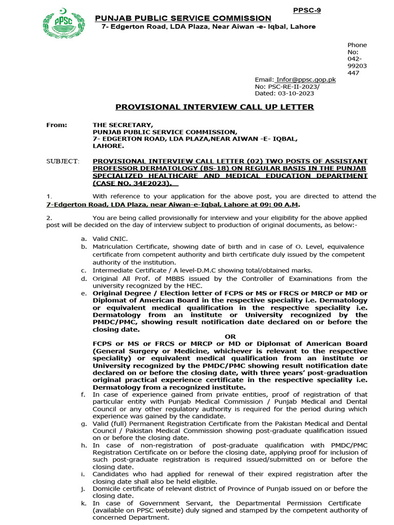 PPSC Dermatology Interview Call | PDF | Postgraduate Education | Health ...