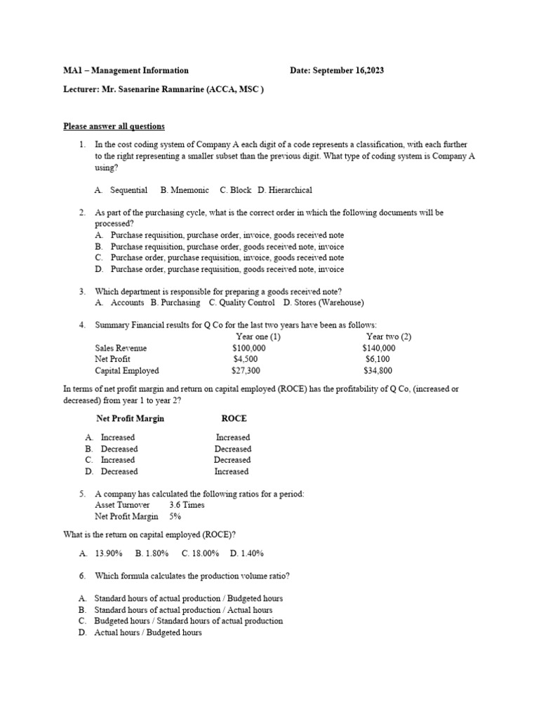 MA1 - Progress Test No. 1 - 16.09.2023 | PDF | Debits And Credits ...