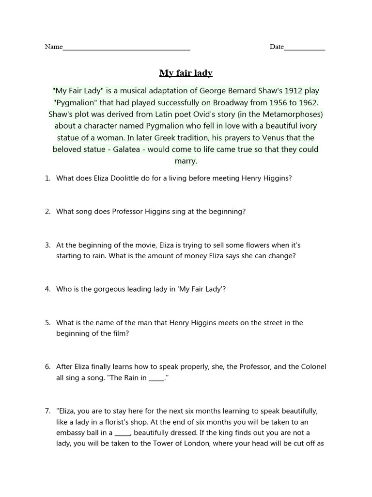 My Fair Lady - Questions | PDF | Pygmalion (Play)