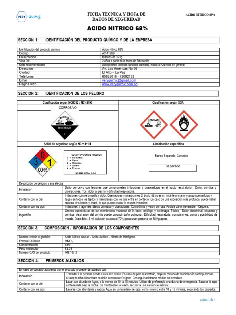 ACIDO-NITRICO-68 Ficha Tecnica | PDF | Quemar | Agua