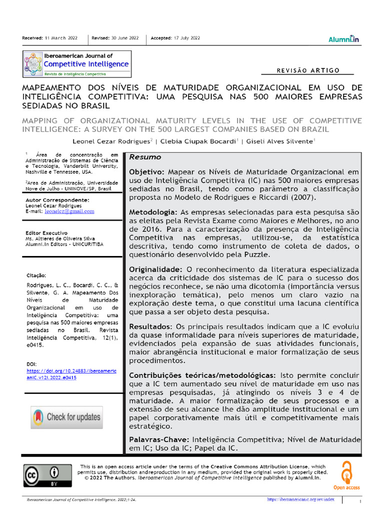 Vista Do Mapeamento Dos Níveis de Maturidade Organizacional em Uso de Inteligência Competitiva ...