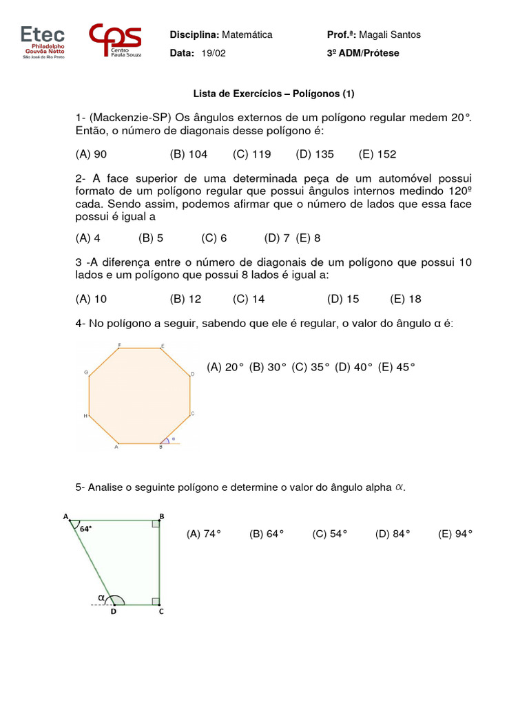 Lista de Exercícios - Polígonos | PDF