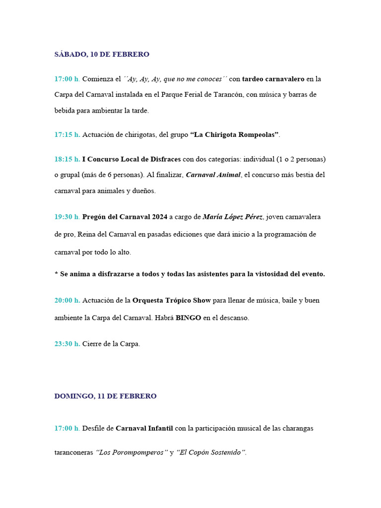 Borrador Programación Carnaval 2024 | PDF | Carnaval