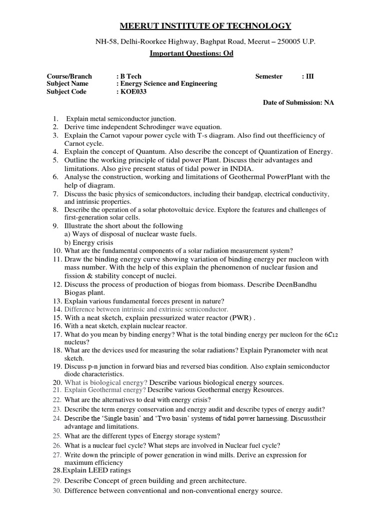 Important Questions in Energy Science | PDF | P–N Junction | Energy ...