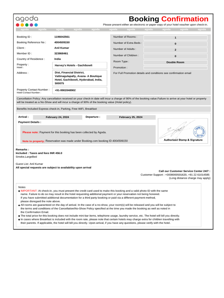 Confirmation For Booking ID # 1196042561 | PDF | Hotel | Payments