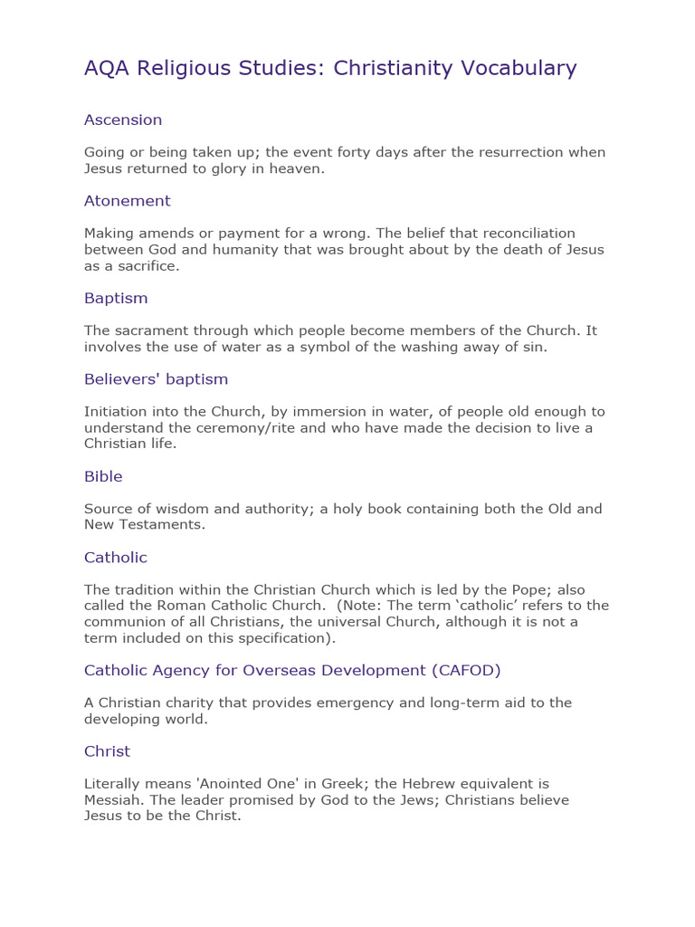 Christianity Vocabulary (AQA) | PDF | Catholic Church | Sacraments