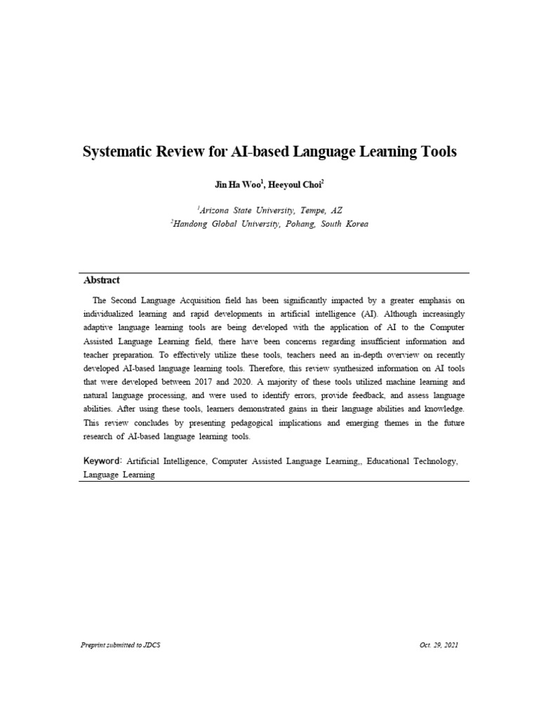 Systematic Review For AI-based Language Learning Tools: Jin Ha Woo Heeyoul Choi | PDF ...