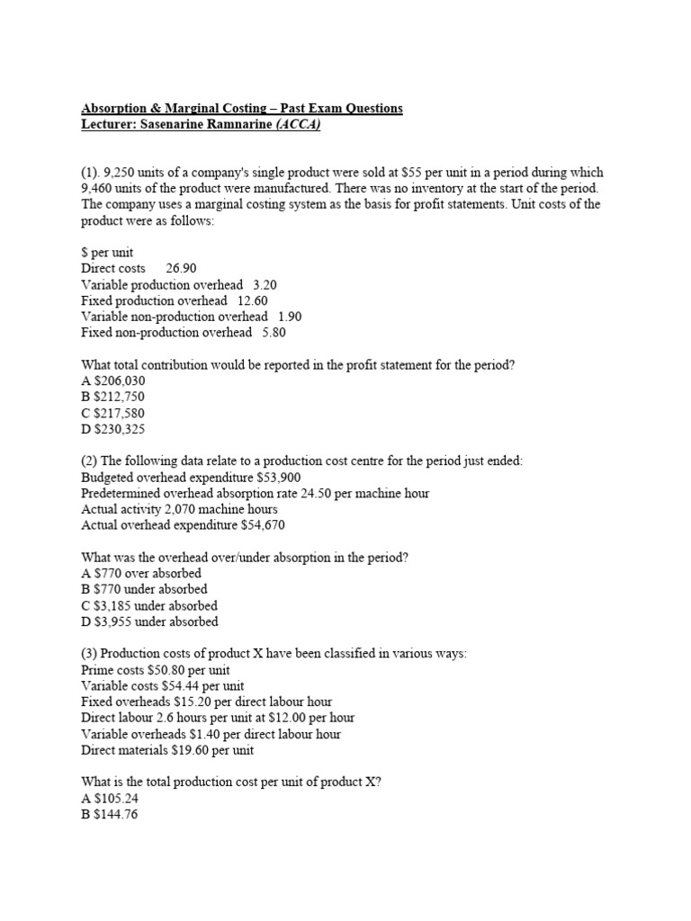Absorption % Marginal Costing - Practice Questions | PDF | Inventory ...