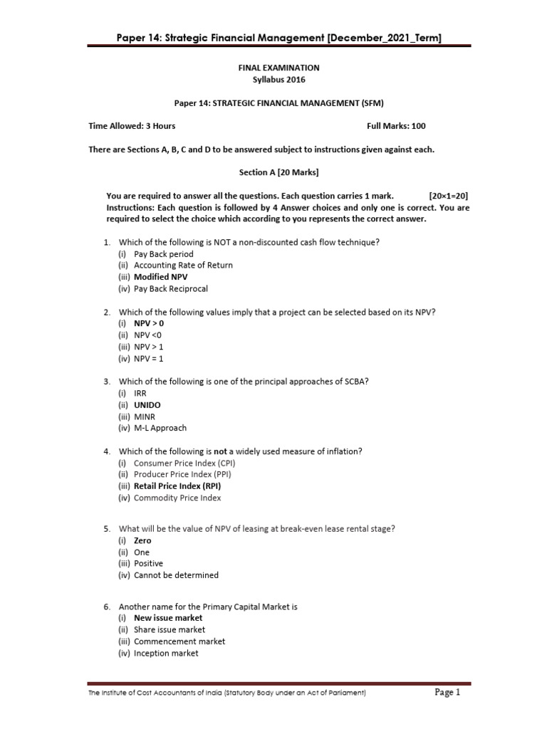 SFM MOCK P14 - Dec2021 | PDF | Capital Asset Pricing Model | Investment Fund