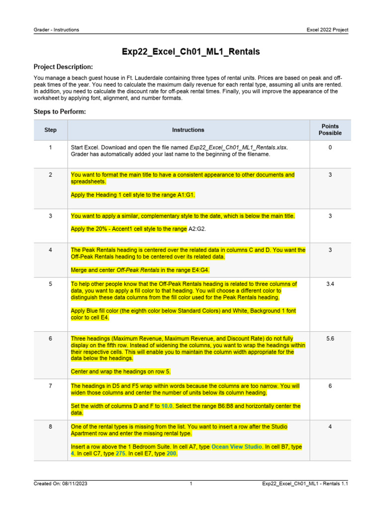 Exp22 Excel Ch01 ML1 Rentals Instructions | PDF | Microsoft Excel | Worksheet